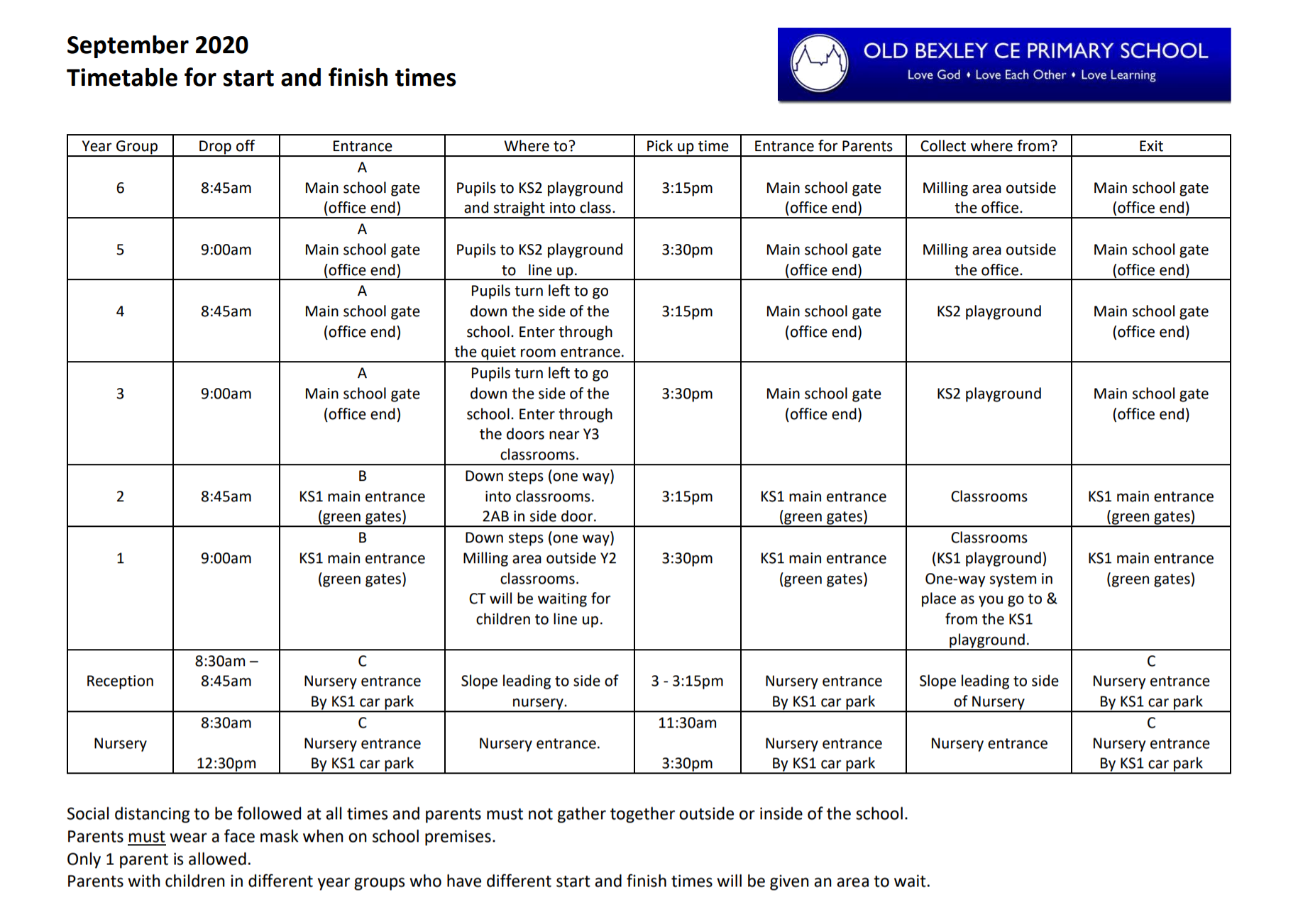 Old Bexley C of E Primary School - School Day Timetable